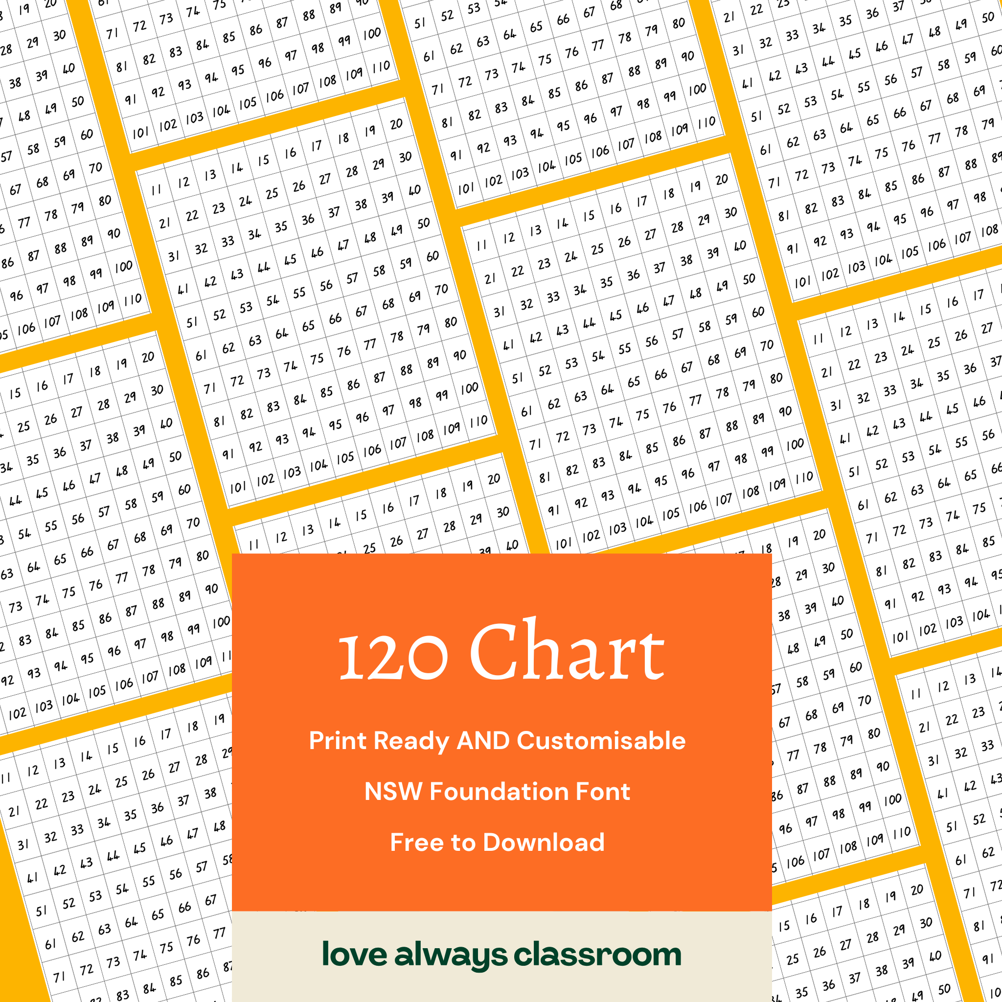 Printable 1 -120 Chart in NSW Foundation Font – Love Always Classroom
