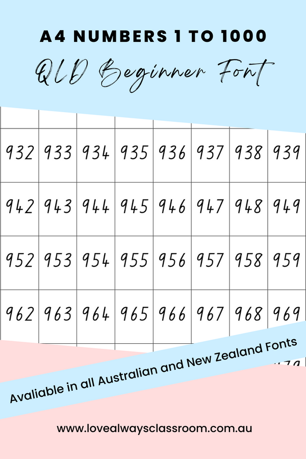 QLD Beginner Font - A4 Numbers 1 to 1000 – Love Always Classroom